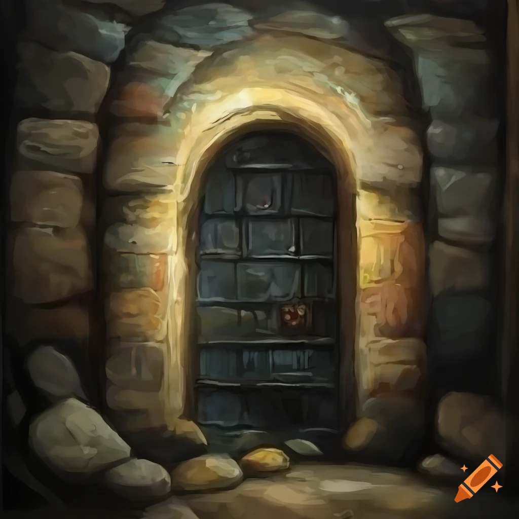 High quality d&d background art. door of a dungeon covered by big stones