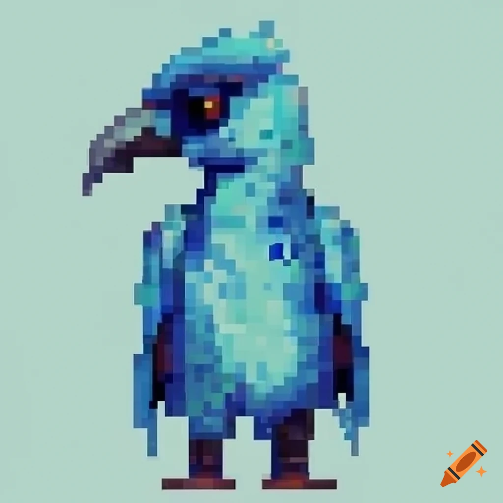 Pixel art of a blue nerdy humanoid bird in the artstyle of Deltarune on ...