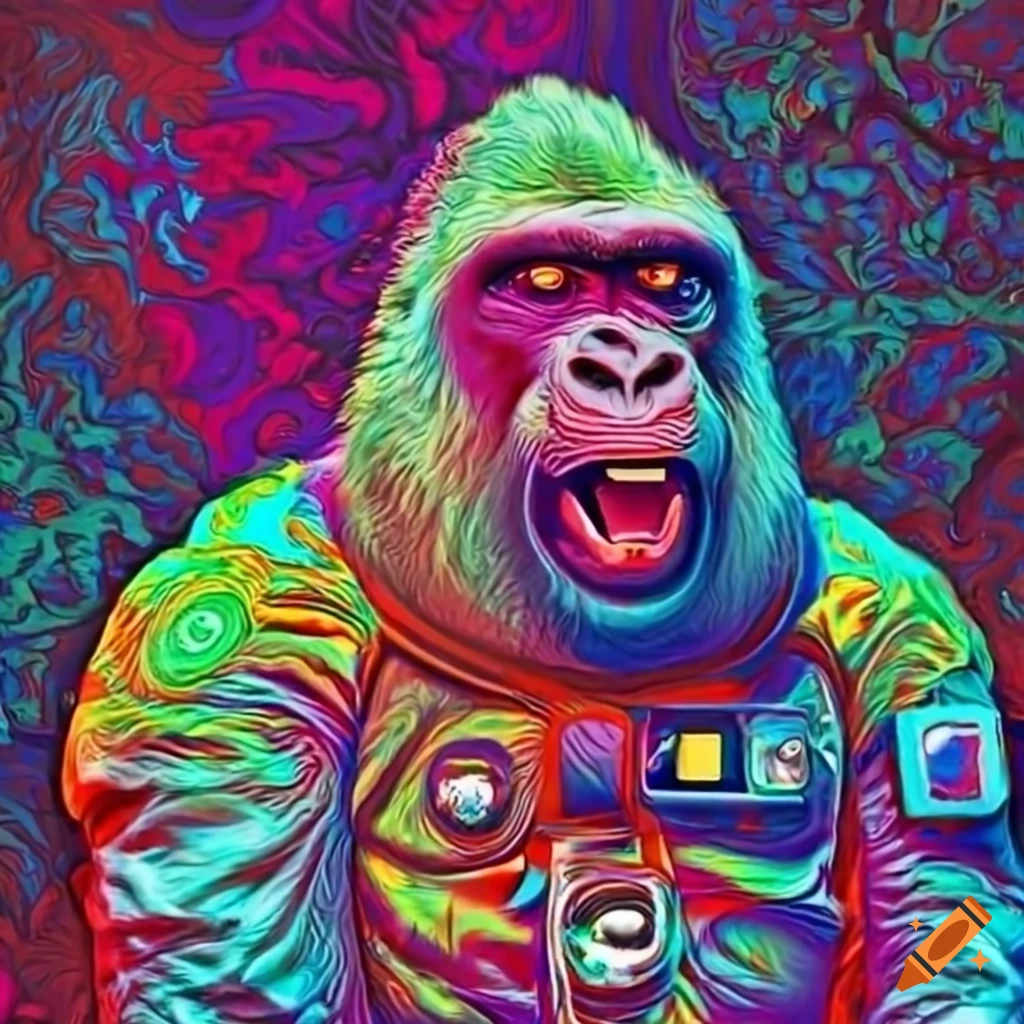 Psychedelic gorilla wearing NASA astronaut suit. Psychedelic patterns ...