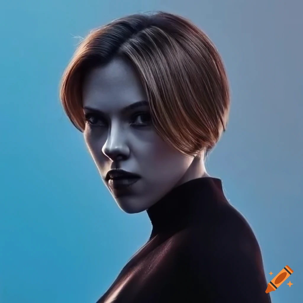 Scarlett johansson wearing a straight bob haircut, black turtleneck ...