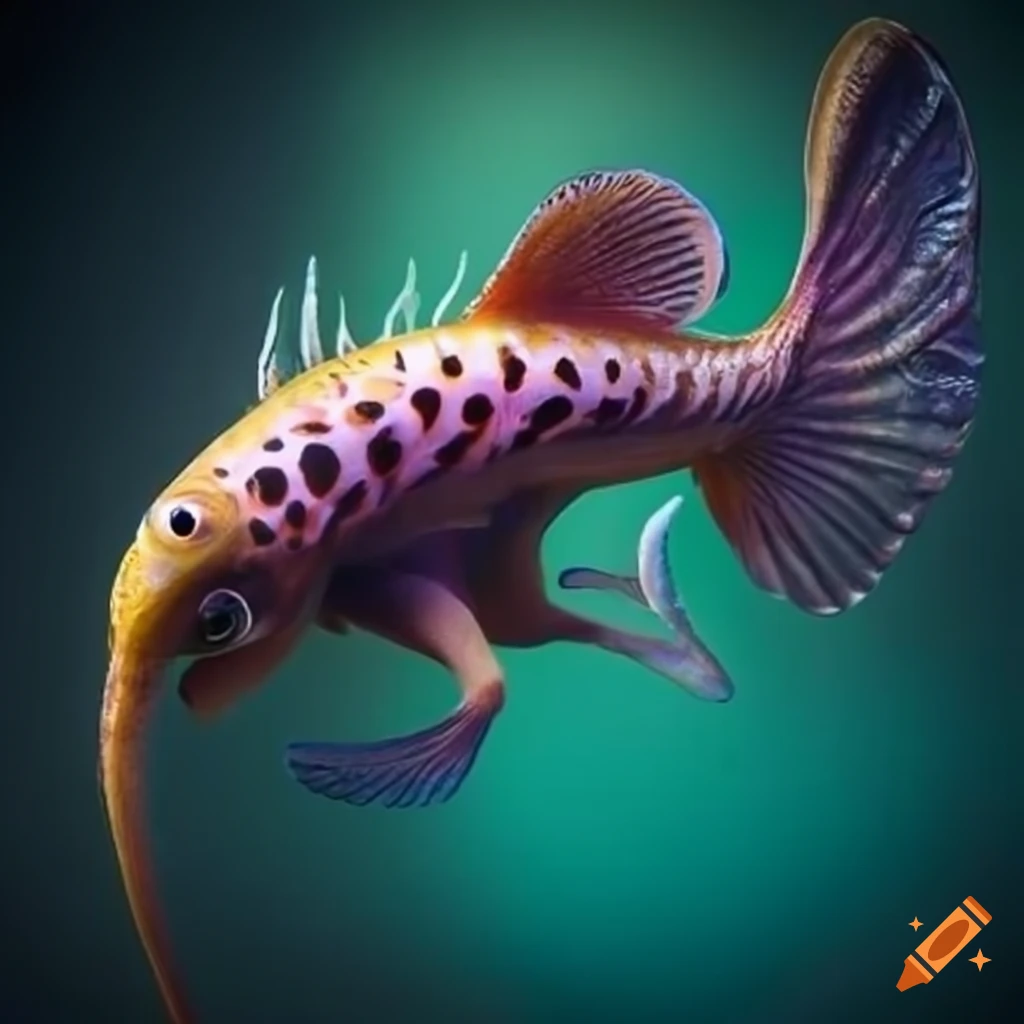 A whimsical small amphibious hybrid creature inspired by both elephants and fishes, with a fish ...