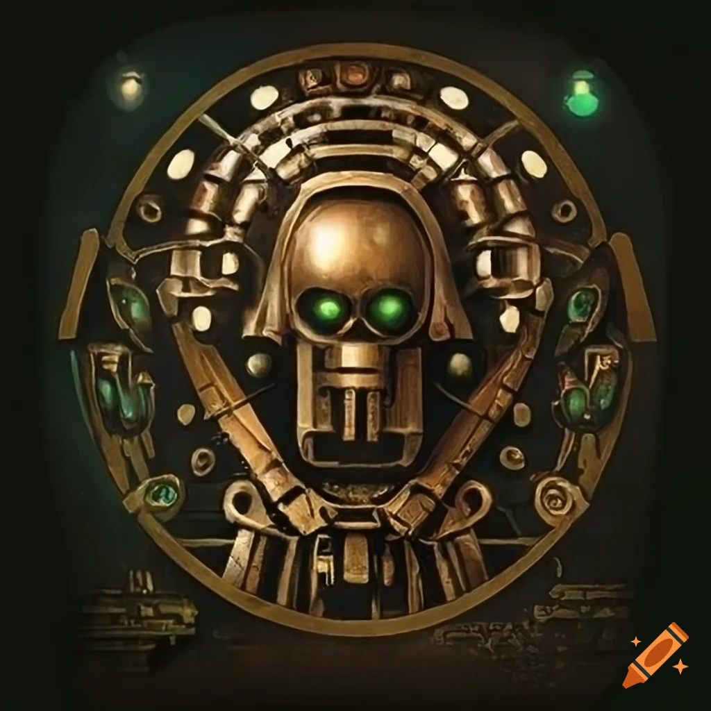 Retro art deco poster of warhammer 40000 necron robot bronze on Craiyon