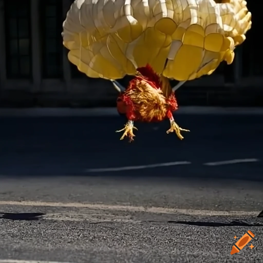Chicken parachuting into a street on Craiyon