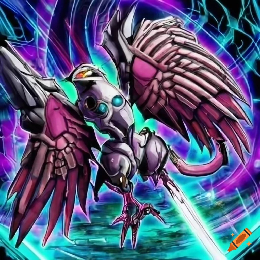 Yugioh card art, cyborg bird on Craiyon