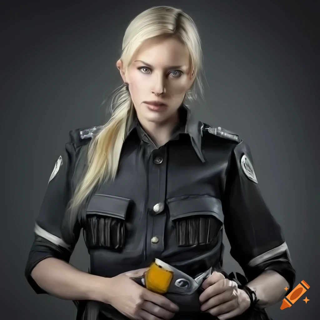 Photorealistic artwork, officer cybil bennett, blonde hair, black ...