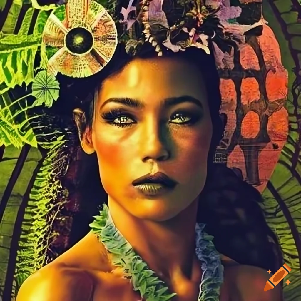 A retro esoteric collage, hawaiian supermodel forest dreams on Craiyon