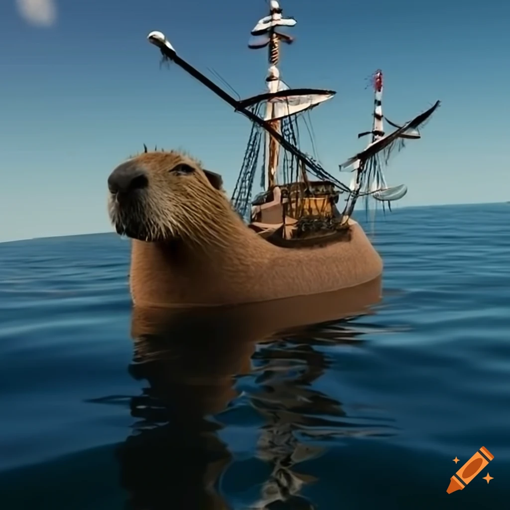 Capybara with a pirate hat, pirate ship, ocean on Craiyon