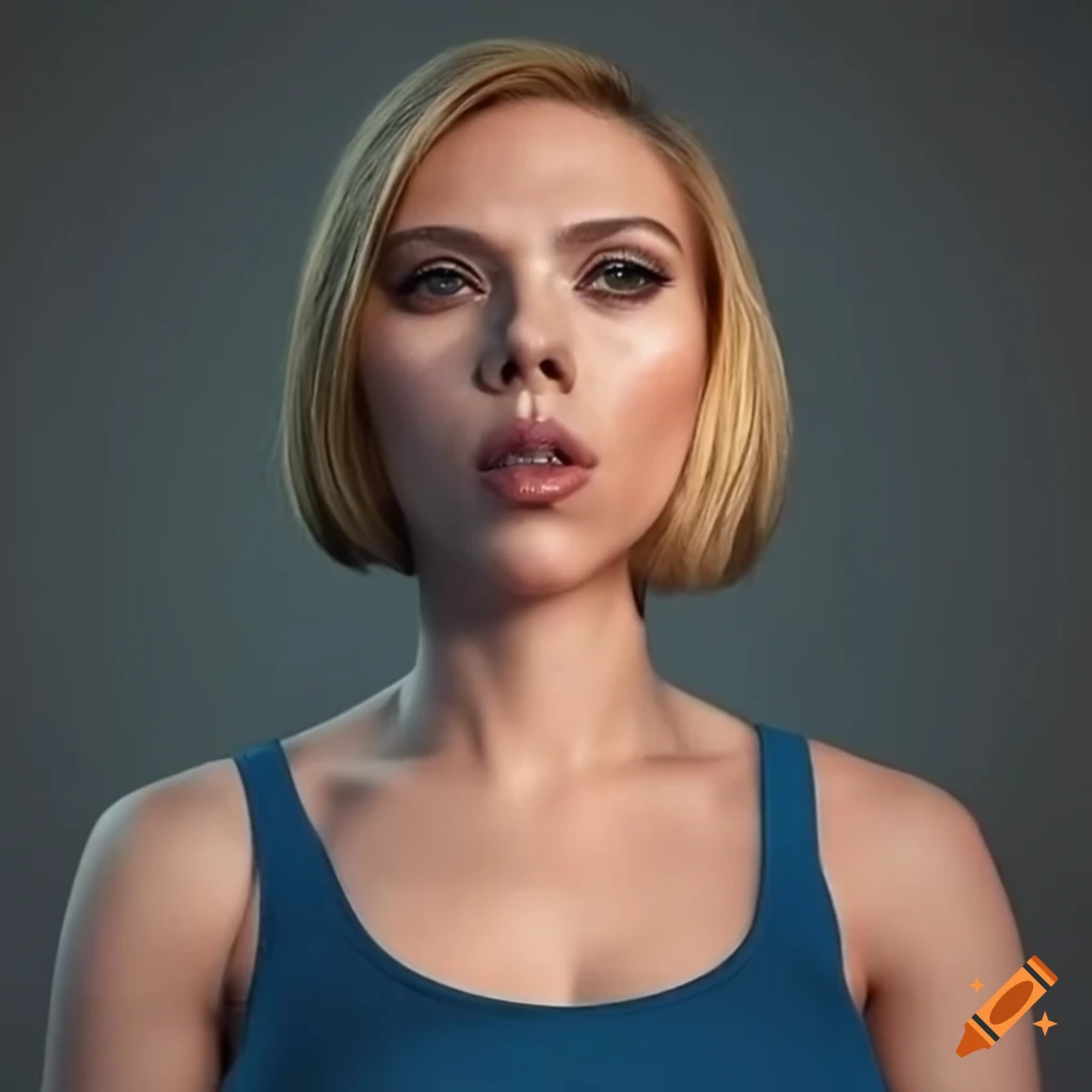 Scarlett johansson with a straight bob haircut, blue tank top, black background on Craiyon