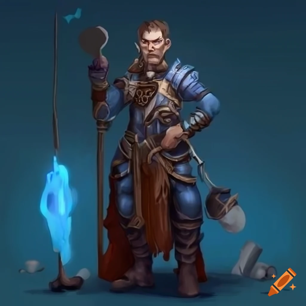 A male veldalken artificer with blue skin and magical tools