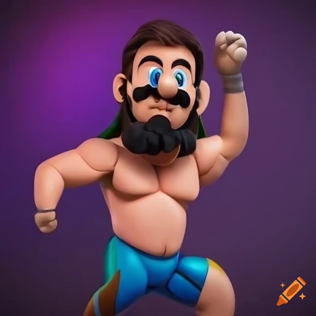 A bearded iranian super mario wrestler cartoon