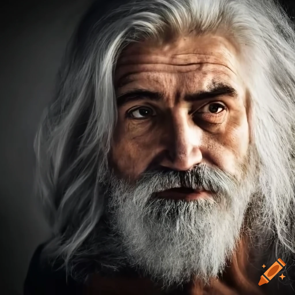 Italian man with shoulder length white hair and white beard in front of ...