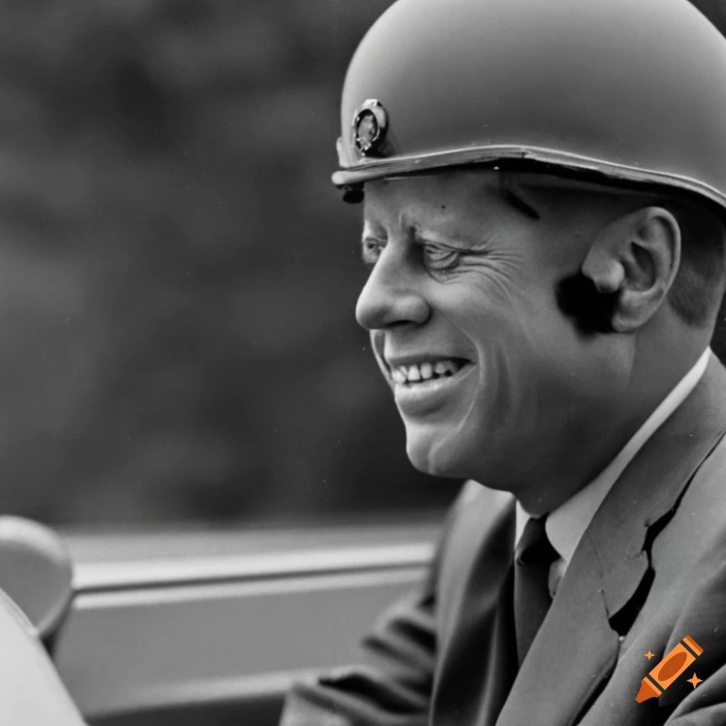 Jfk wearing a modern military helmet while sitting in a convertible