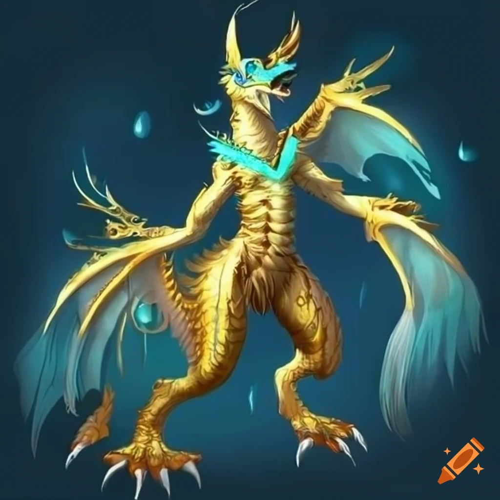 Anthro gold phoenix dragon with cyan wings and spikes and a white ...