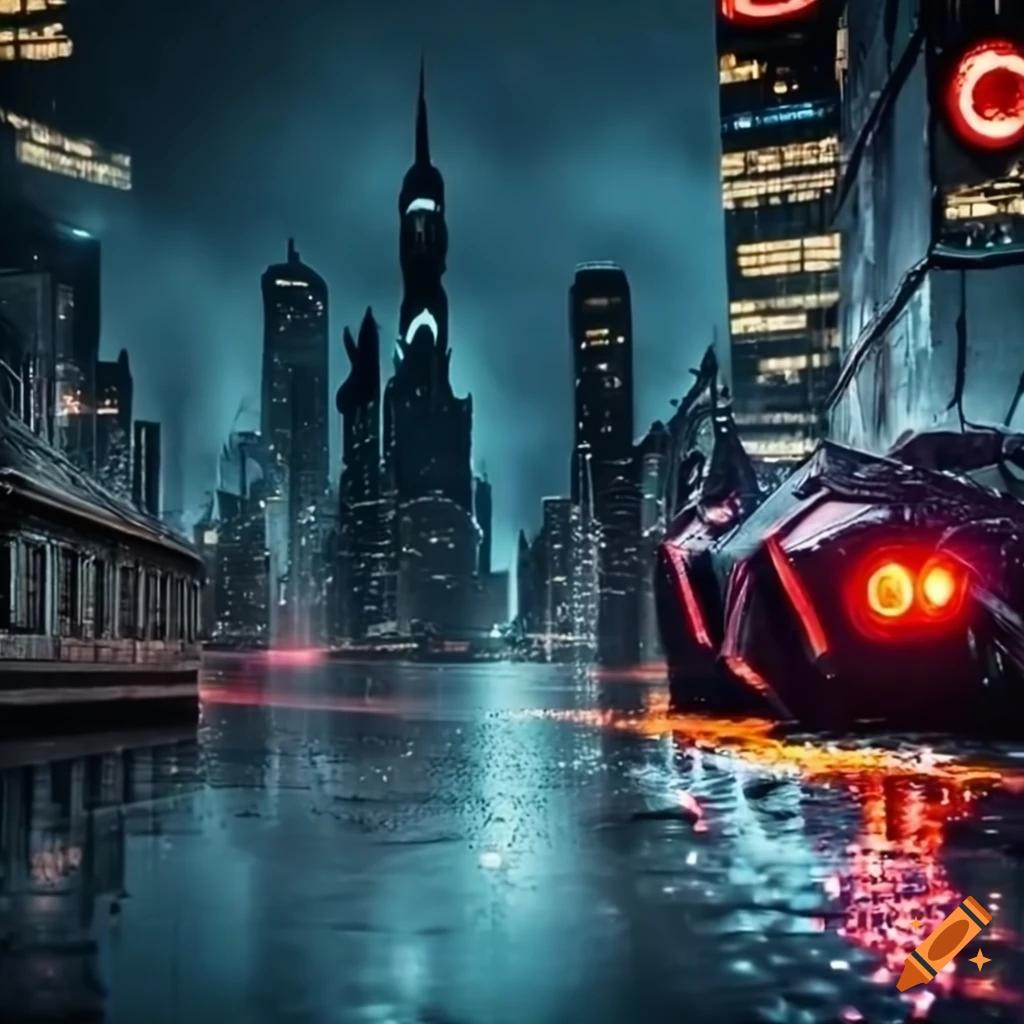 Sitting inside the batmobile looking at gotham city on a rainy night