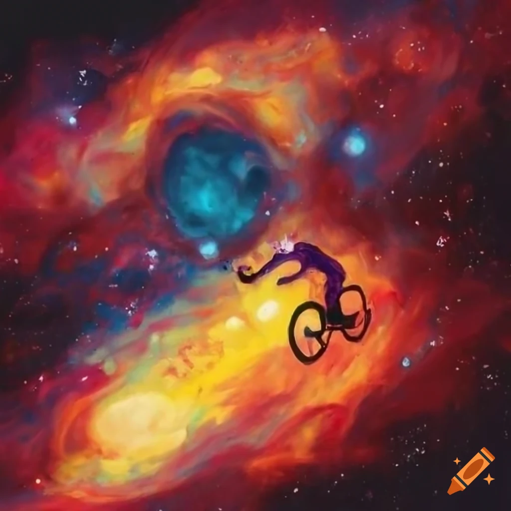 Painting of a road bike racer, depicted as an explosion of a nebula ...