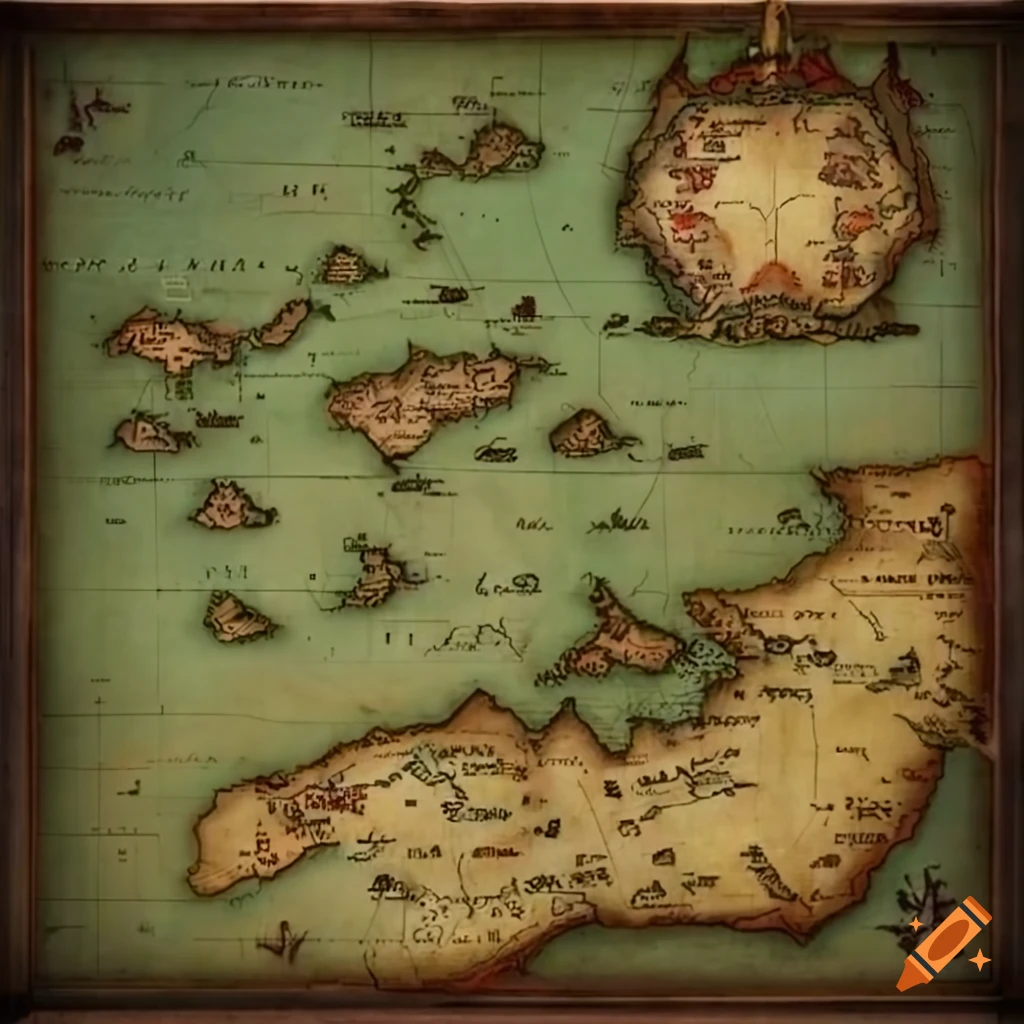 A fantasy map in a medieval age with a lot of island and a main continent