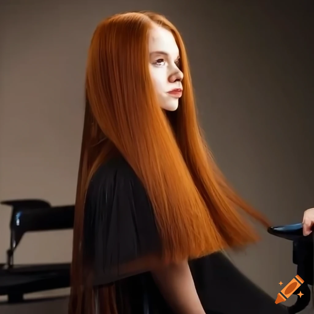 Super long auburn hair girl in a barber shop, she is wearing a black ...