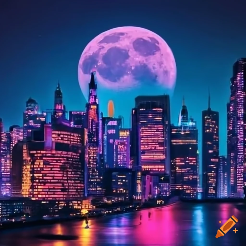 Neon-lit cityscape illuminated by a full moon