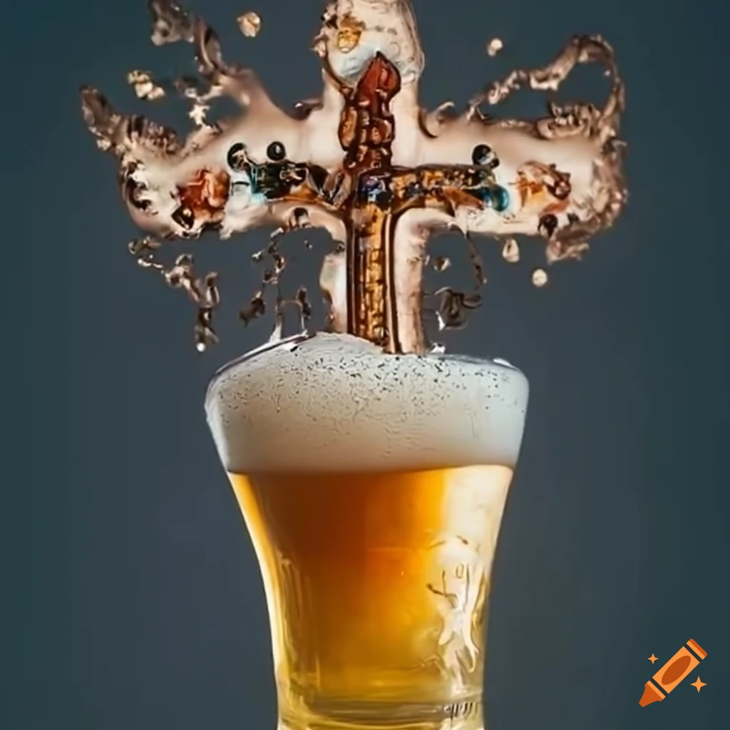 Beer flowing from a catholic cross decorated beer tap