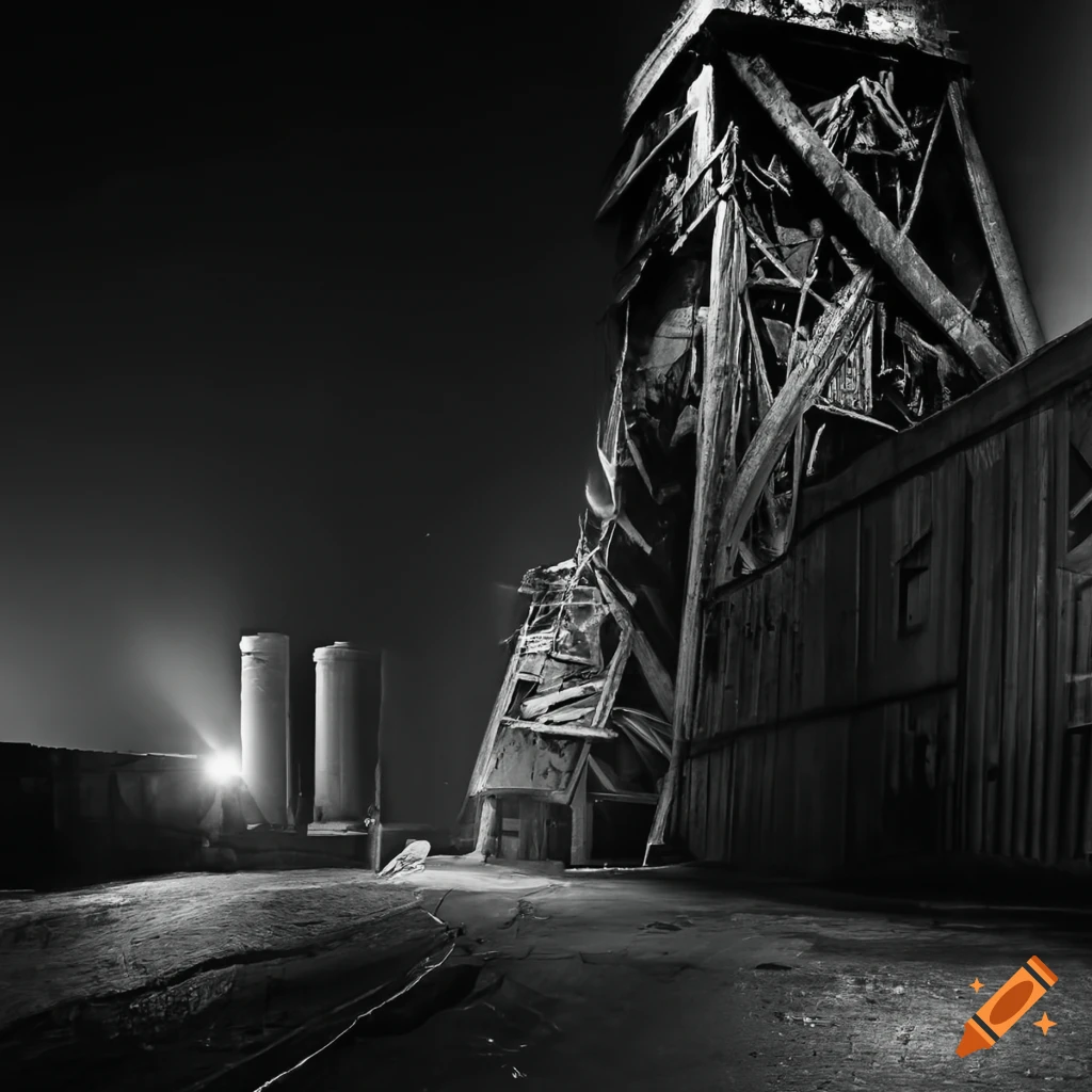 Striking monochromatic photograph of a coal mine in the night
