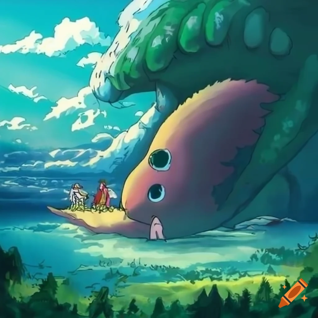 80s anime studio ghibli style monster coming out from a lake with ...