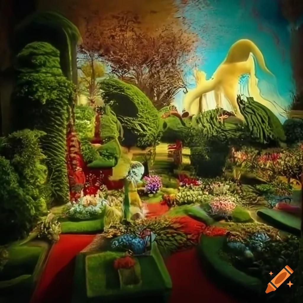 A surreal garden filled with unique, salvador's dali plants and flowers