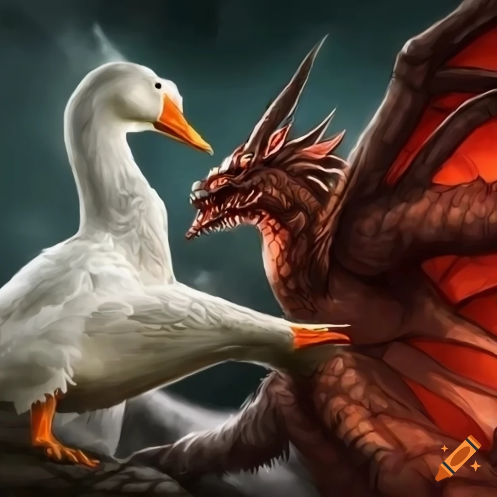 A horde of clearly drawn white geese fighting a dragon on Craiyon