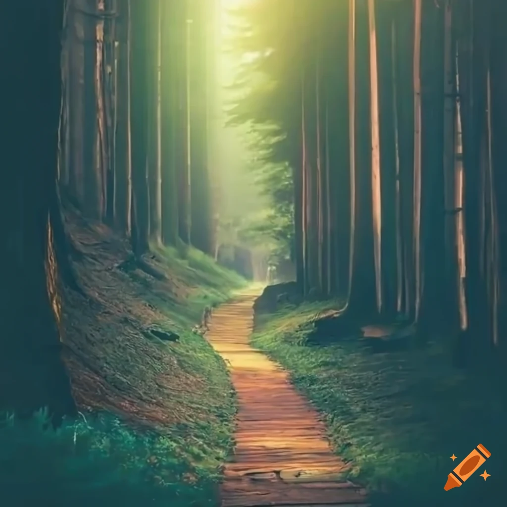 Narrow path going through the forest, while the sun is setting, the ...