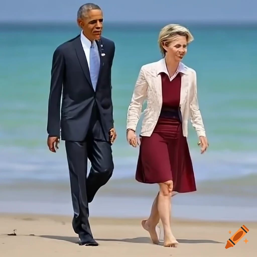 Barack obama and ursula von der leyen walking on the beach together on ...