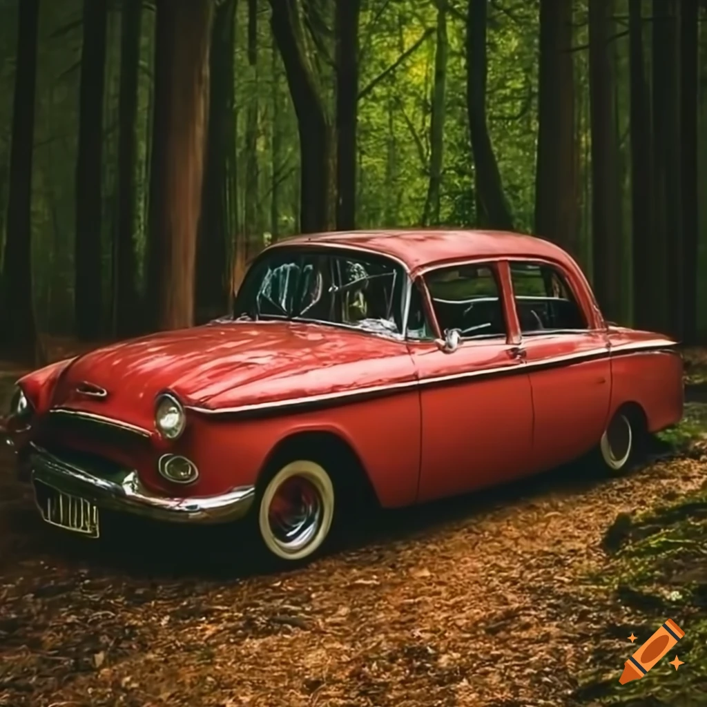 Classic car parked on side of the road in a forest