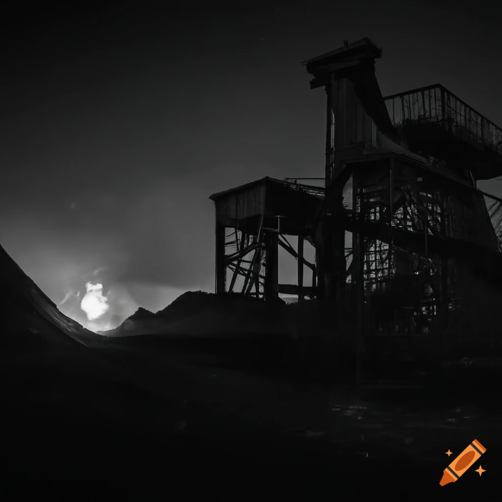 Striking monochromatic photograph of a coal mine in the night on Craiyon