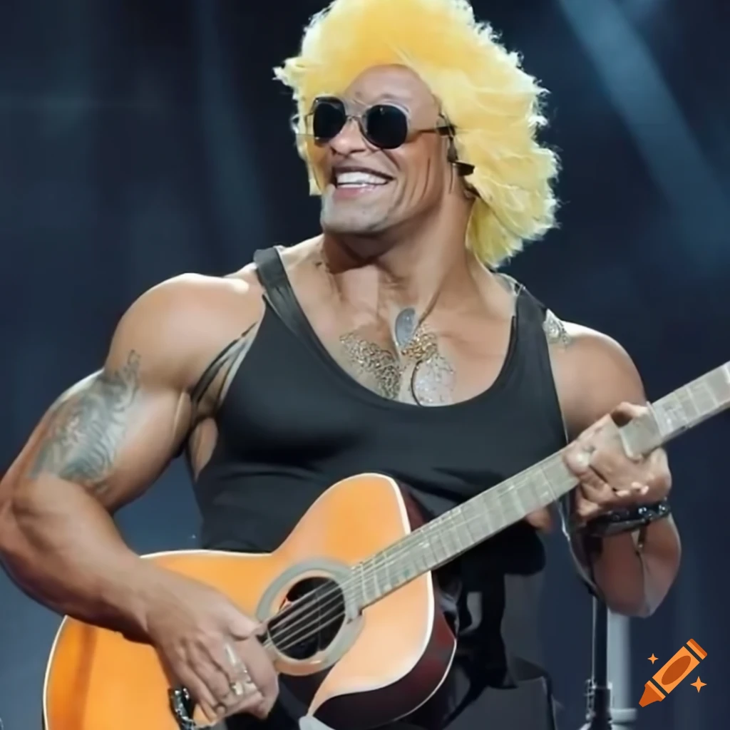 Actor Dwayne Johnson in a blonde wig and sunglasses playing guitar and ...