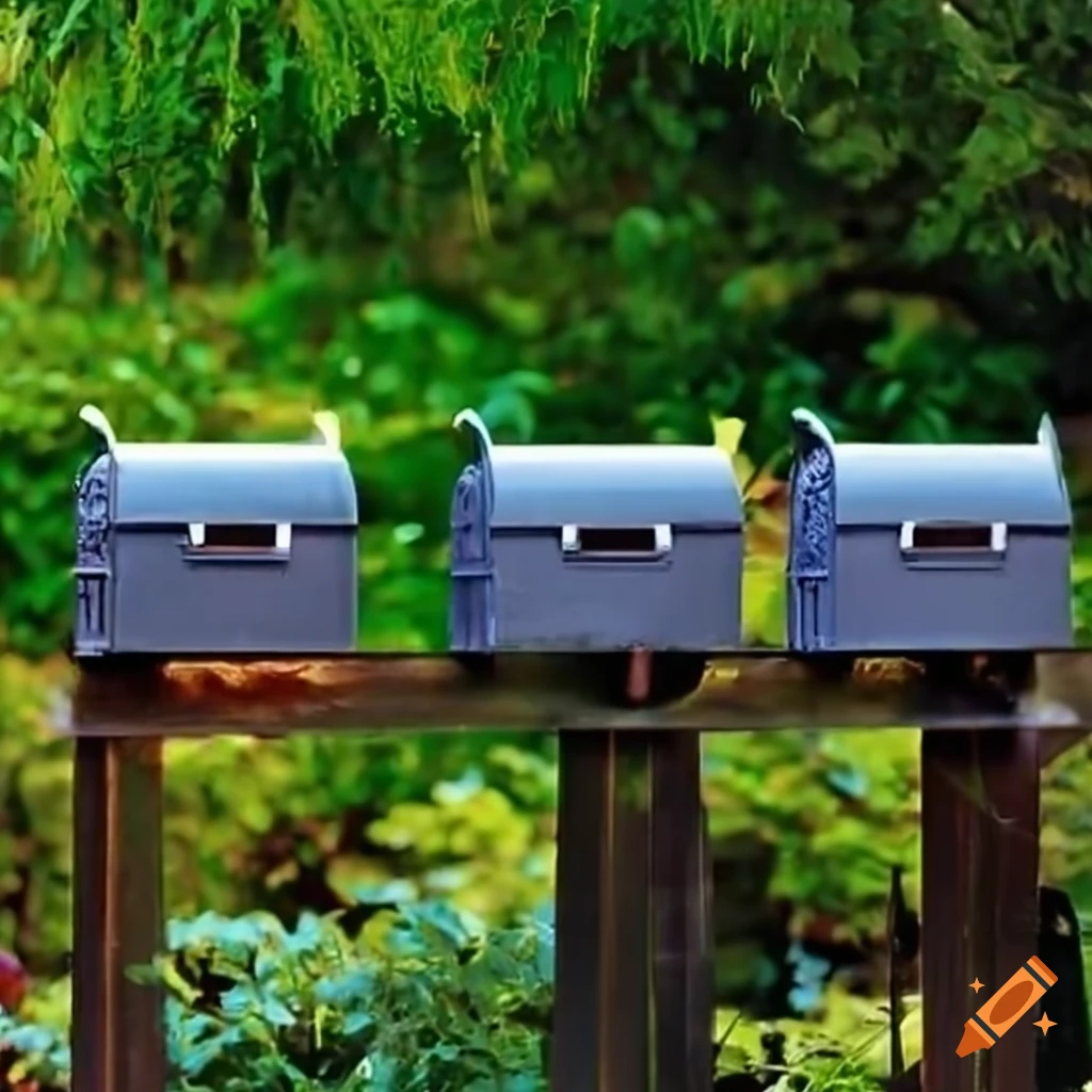 Three mailbox lined up in a garden on Craiyon