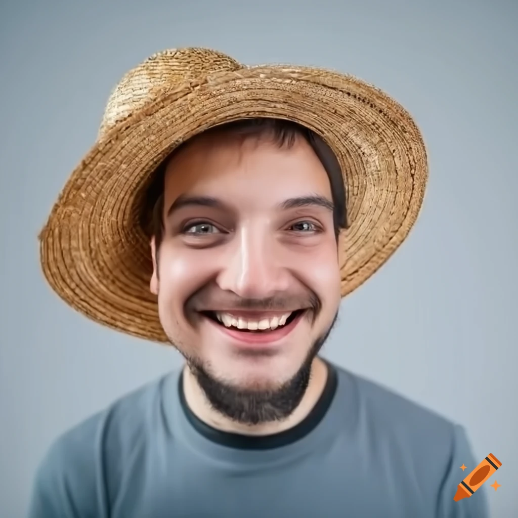 Man with eyes eyes wide open; wearing straw hat; smiling; isolated on ...