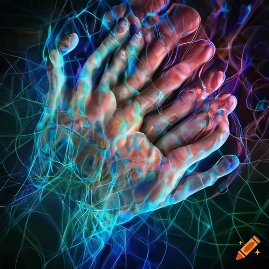 Abstract artwork of interconnected hands forming a larger hand shape on ...