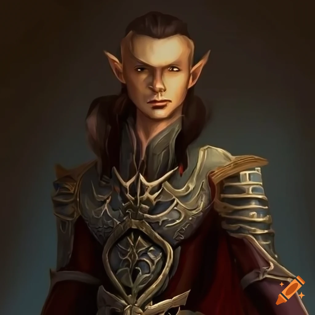 Male elven mage adorned in regal armor and flowing robes on Craiyon