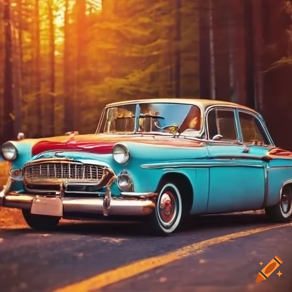 Classic car parked on side of the road in a forest