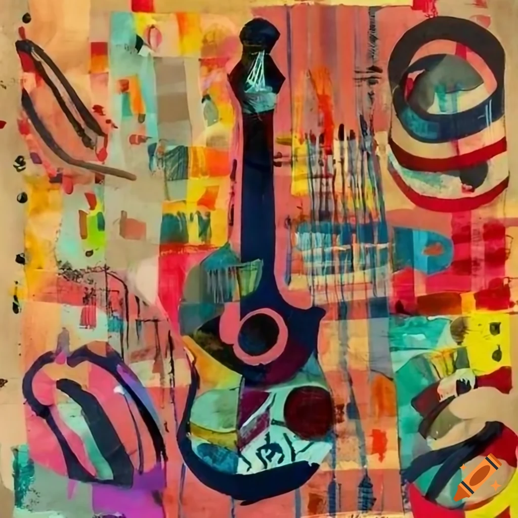 Mixed media collage painting of a guitar transforming into a protest