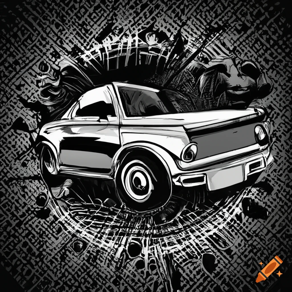 Car driving black and white comic book style on Craiyon