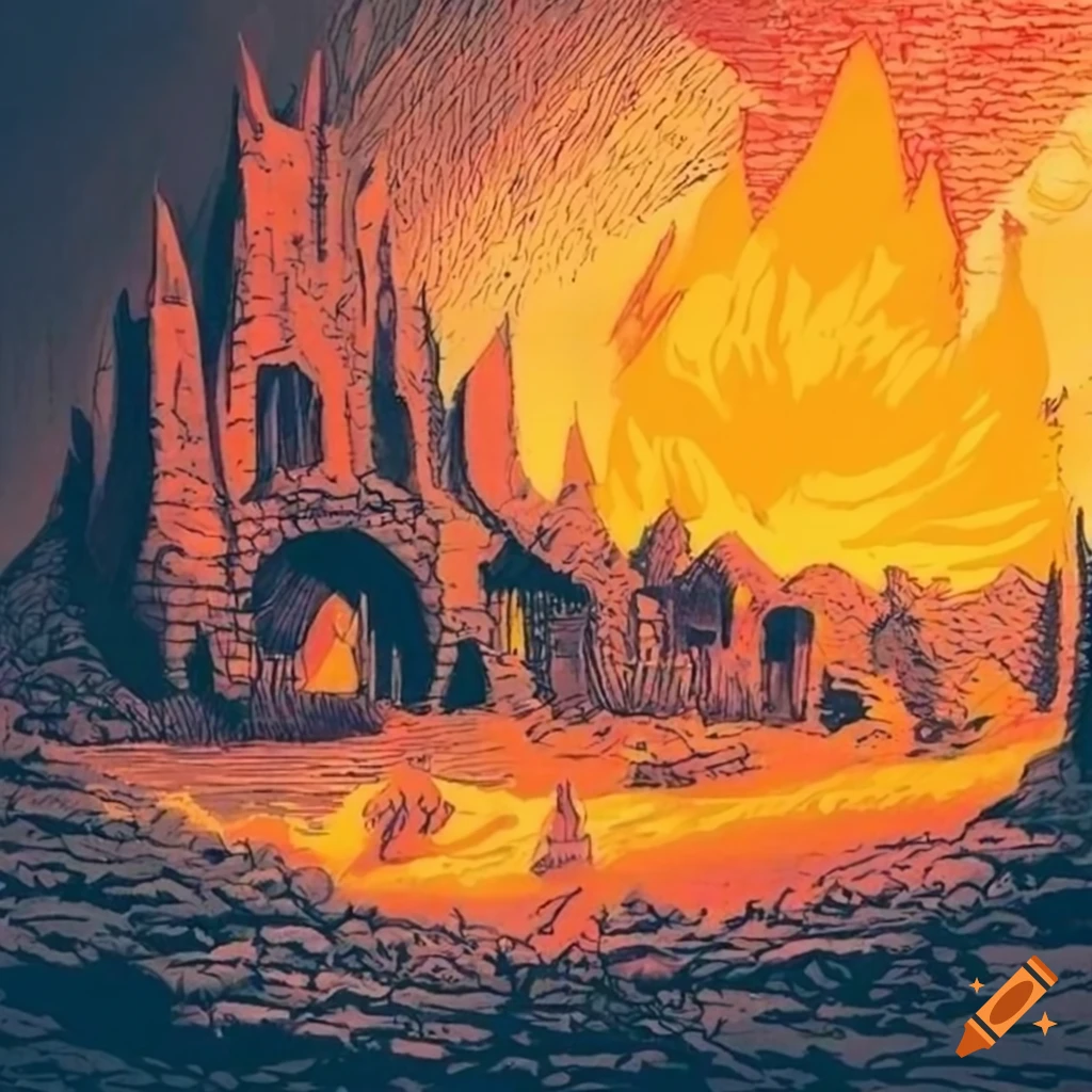 Hand drawn 70's medieval fire landscape on Craiyon