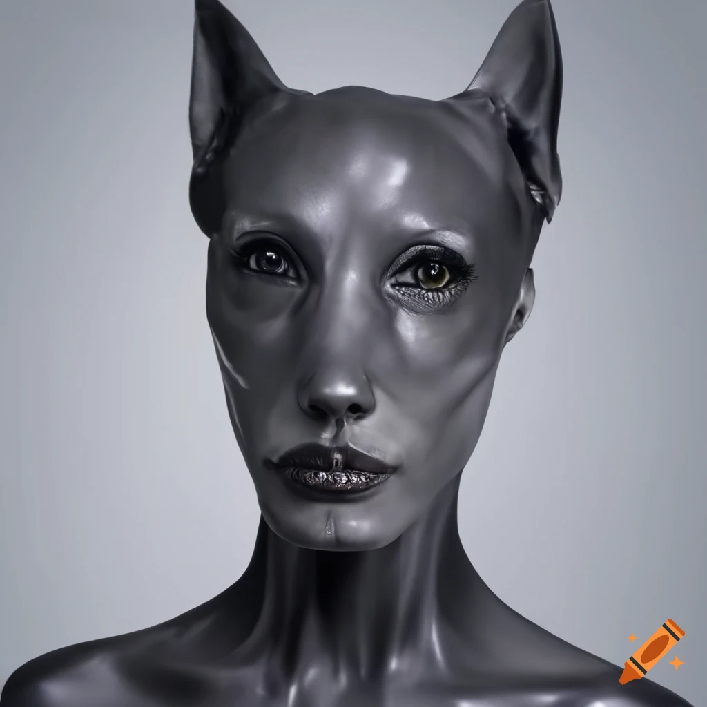 Dark grey transparent latex angelina jolie face doberman head on Craiyon
