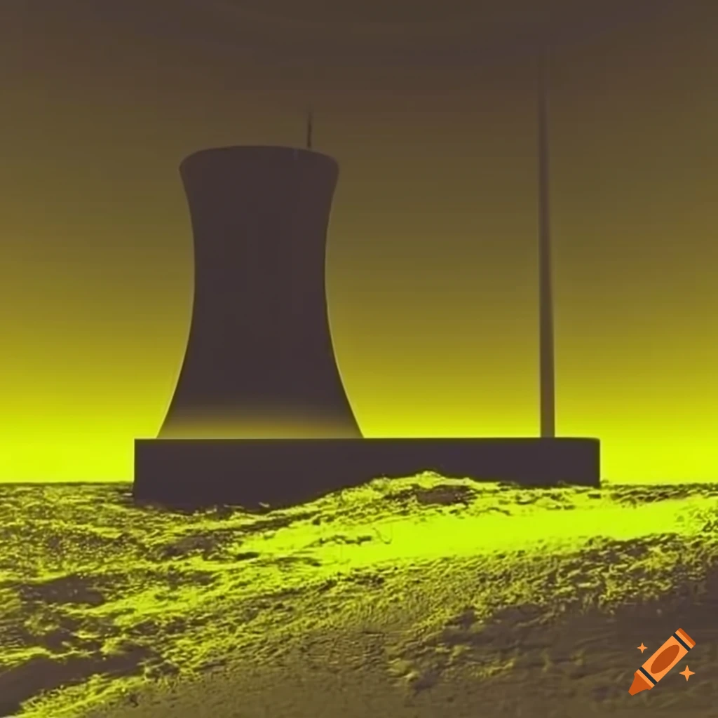 Distorted landscape image with nuclear reactor in uranium yellow on Craiyon