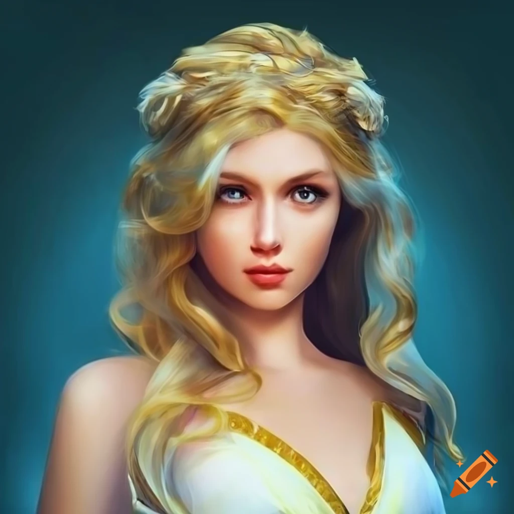 Young beautiful venus in silken greek robes with flowing blond hair