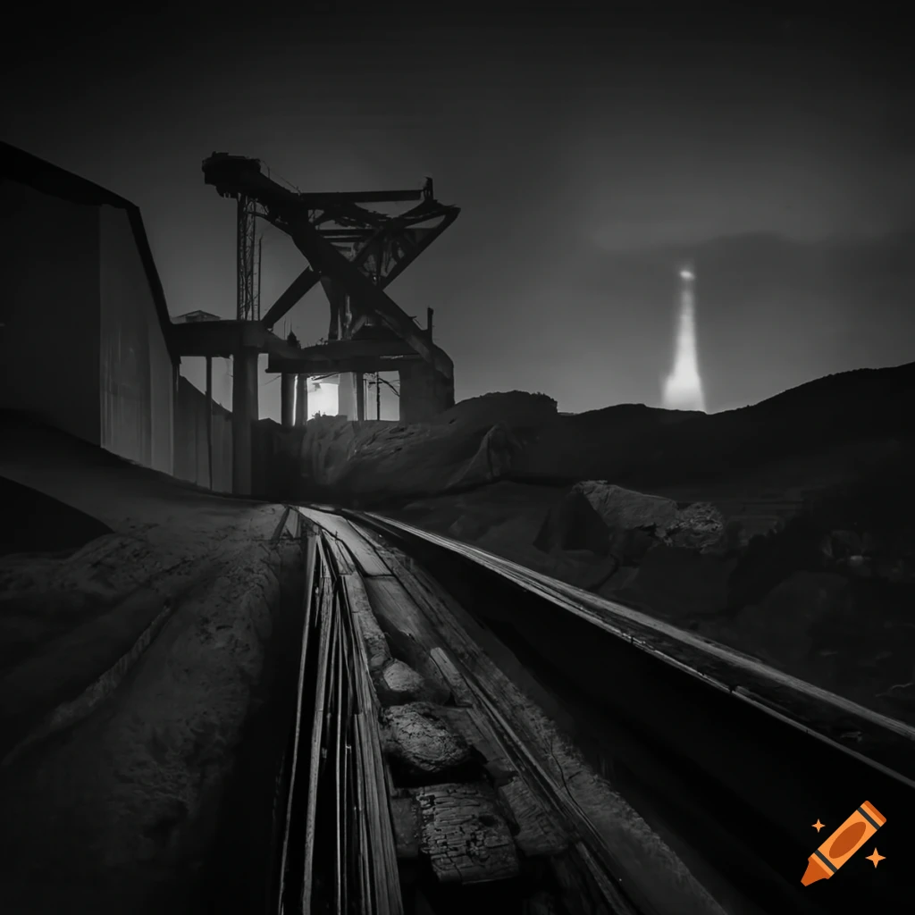 Striking monochromatic photograph of a coal mine In the night on Craiyon