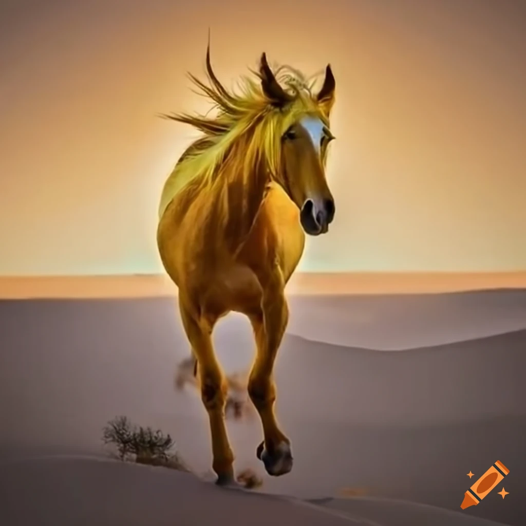 A strong yellow horse with golden wings on a desert on Craiyon