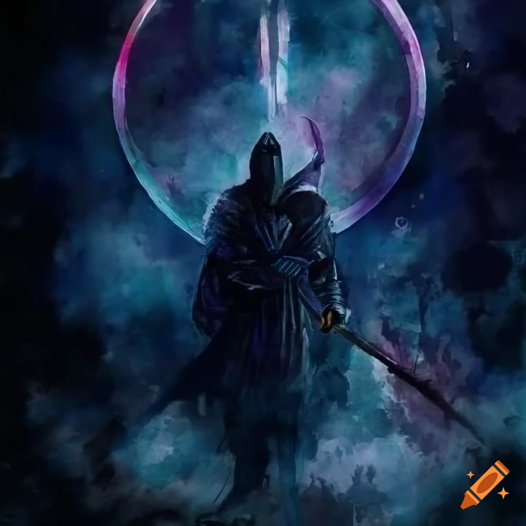 A dark and mysterious knight holding his sword, covered in a dark aura ...