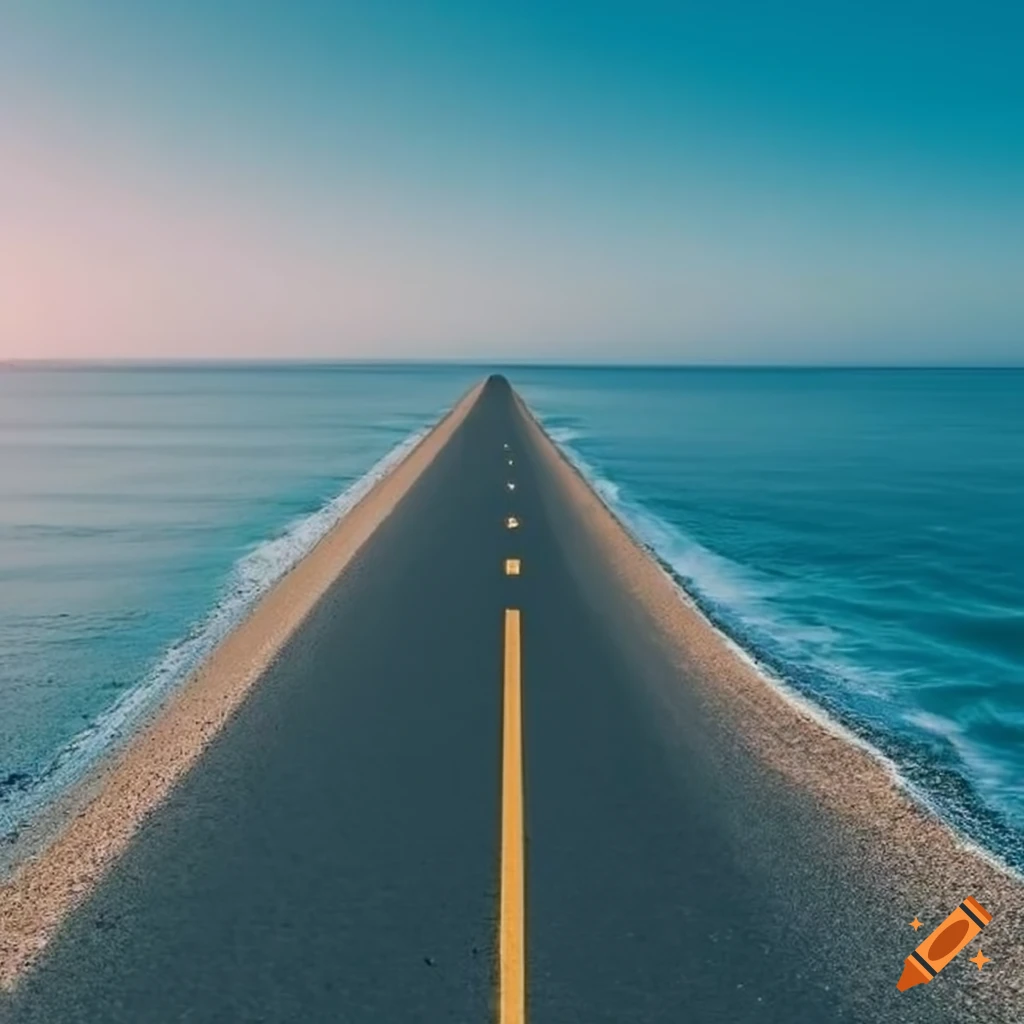 An asphalt road extending into the ocean, offering a scenic view of the ...