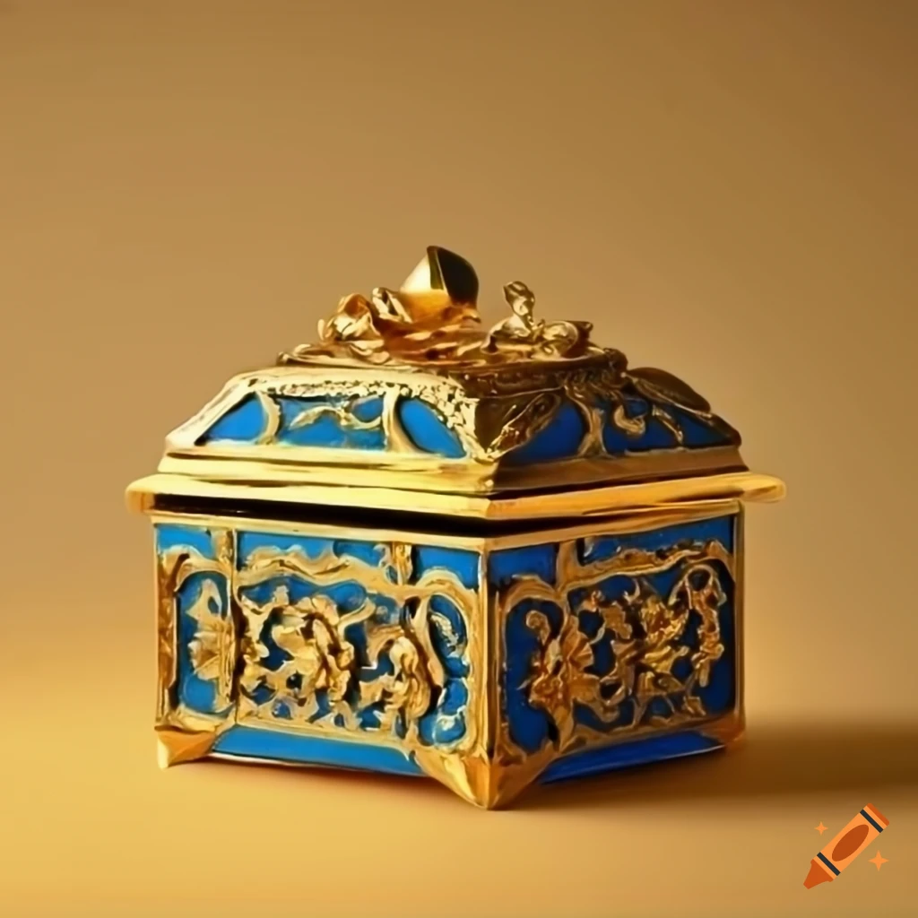 Golden box with carved details in blue on Craiyon