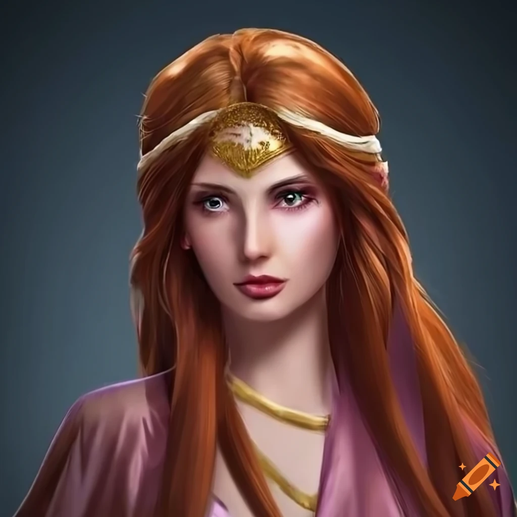 Young beautiful Artemis in silken robes with flowing chestnut hair on Craiyon