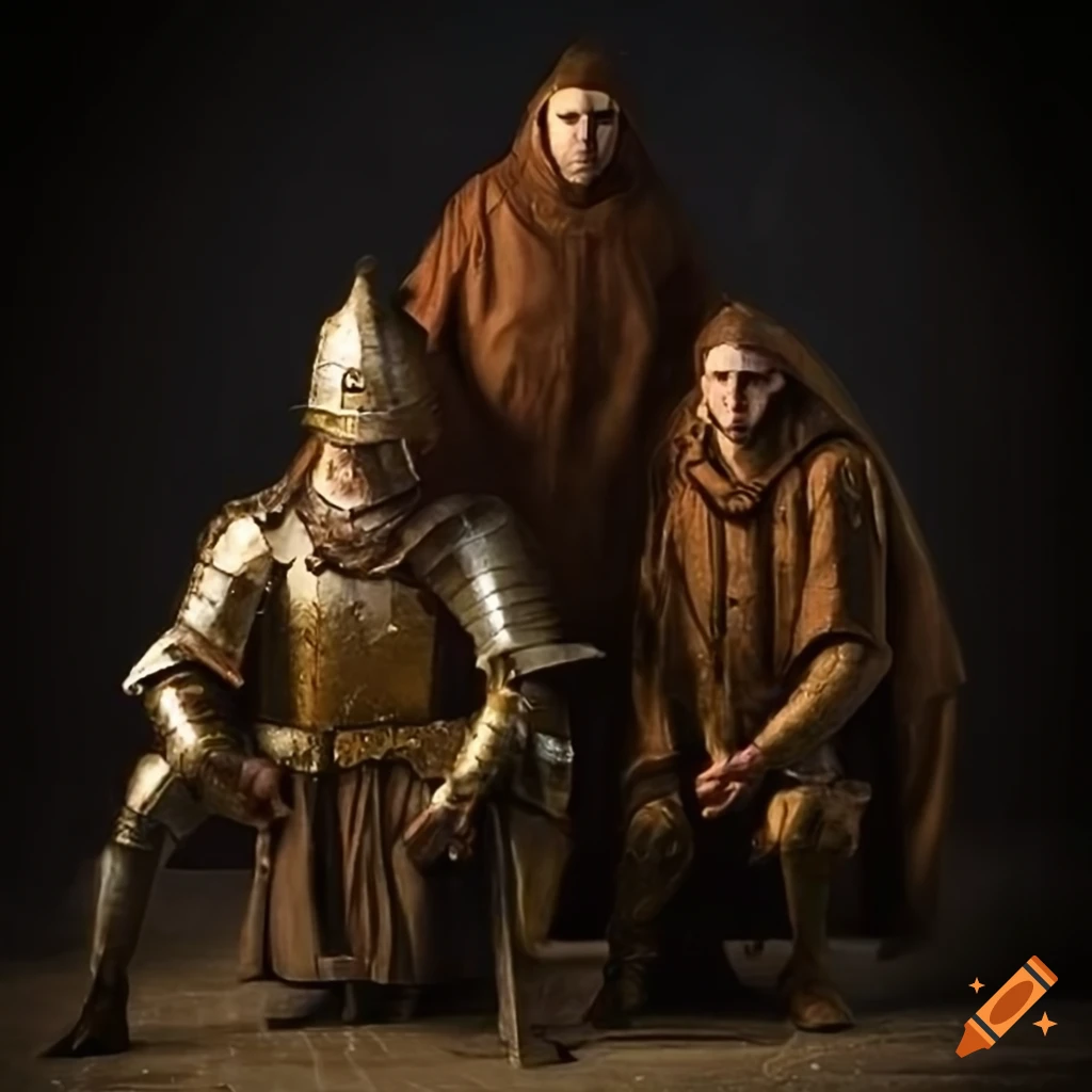 Warrior in bronze armor and two men in raincoats sit near the fire at ...